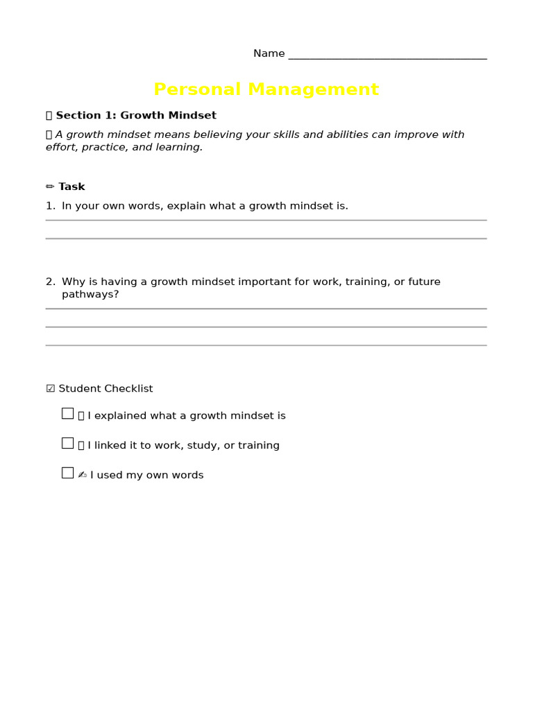 Personal Management Worksheet | PDF