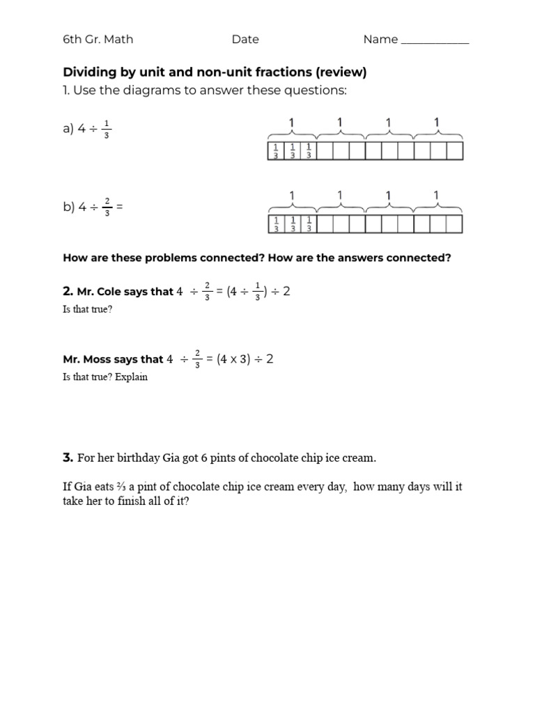 Dividing Whole Numebers by Unit and Non-Unit Fractions - Review | PDF