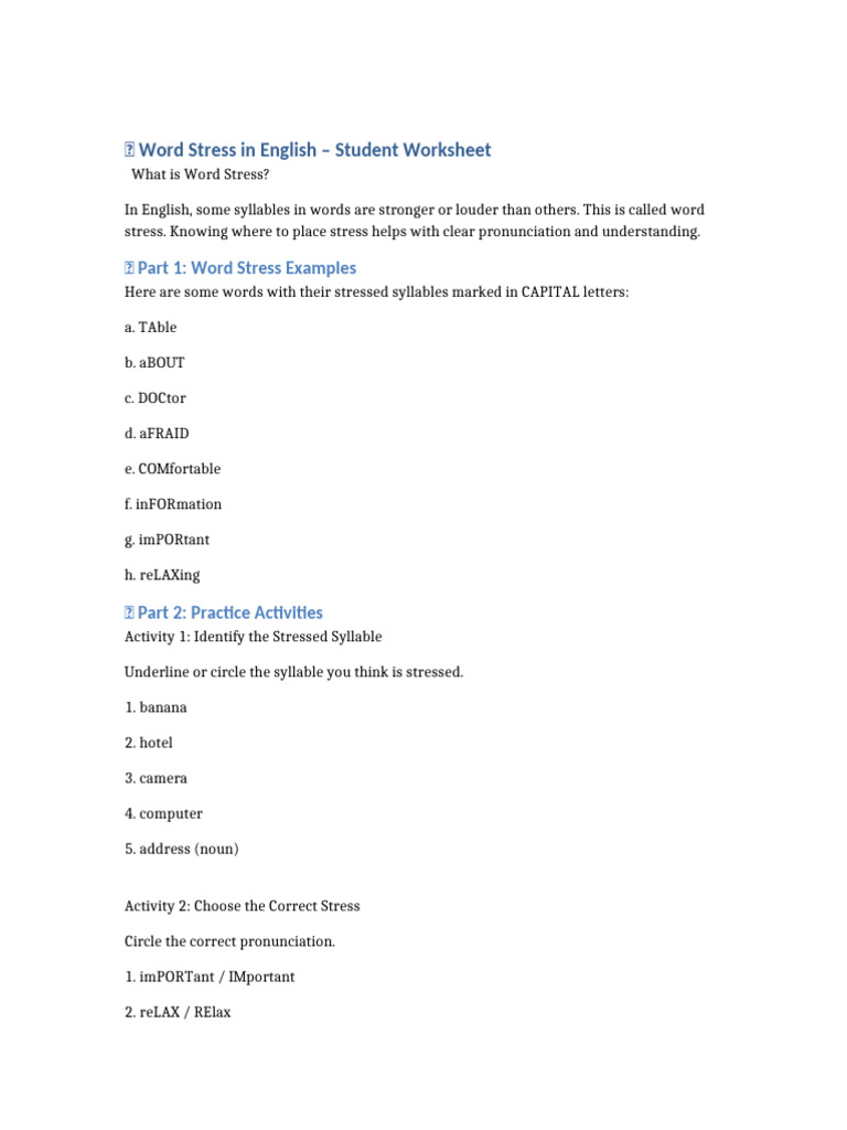 Word Stress Pronunciation Worksheet | PDF