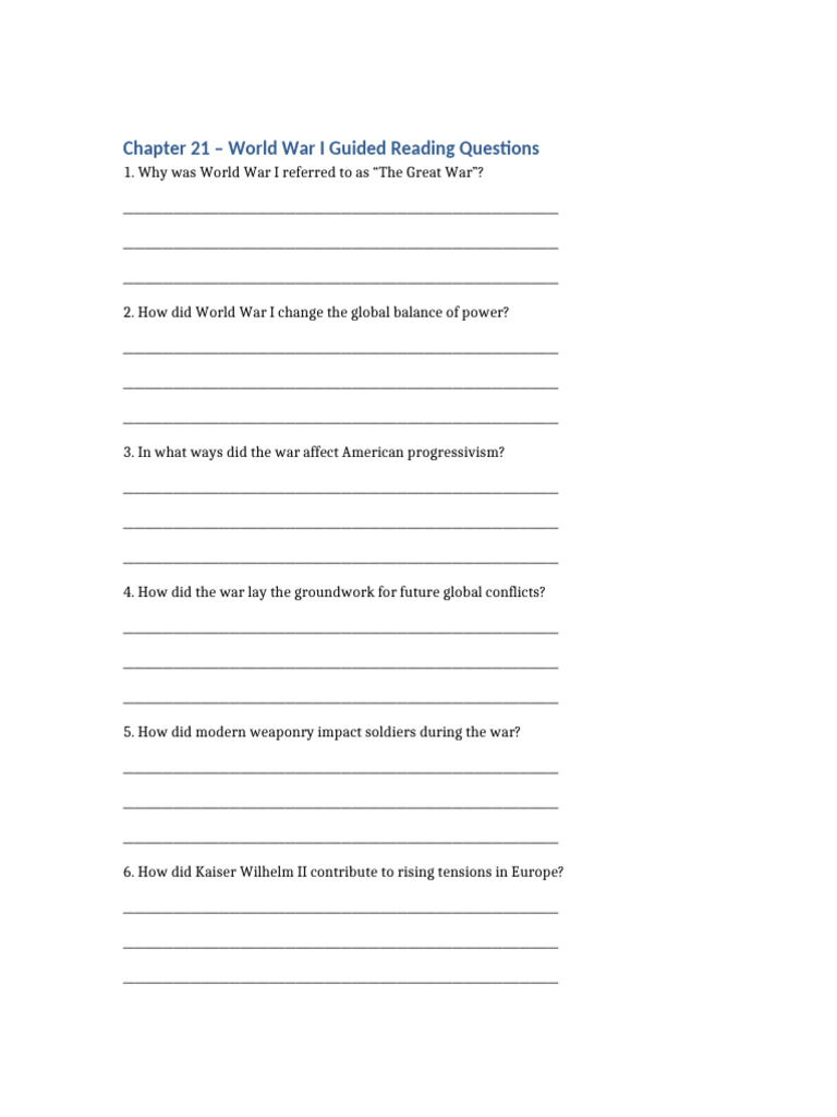 Chapter 21 WWI Guided Reading | PDF | World War I | International Relations