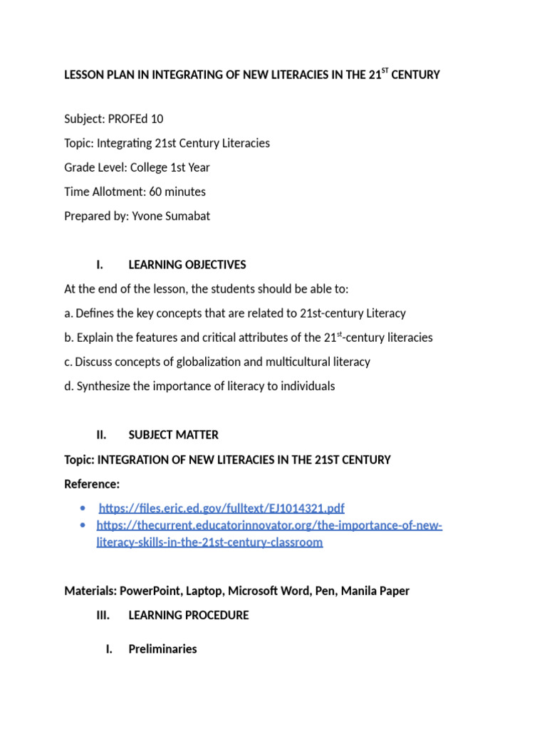 Lesson Plan Integrating of New 21st Century Literacy | PDF ...
