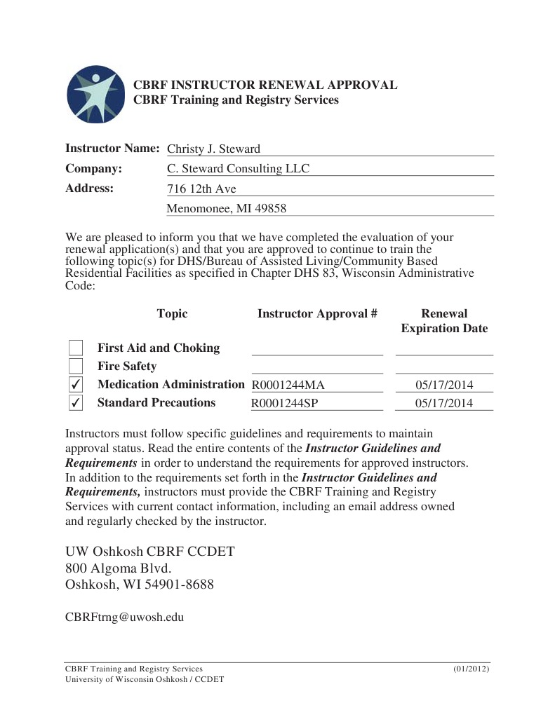 CBRF Instructor Renewal Approval CBRF Training and Registry Services | PDF