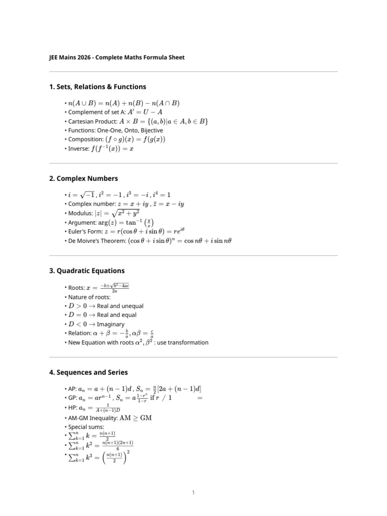 Jee Maths Formula Sheet | PDF | Function (Mathematics) | Complex Number