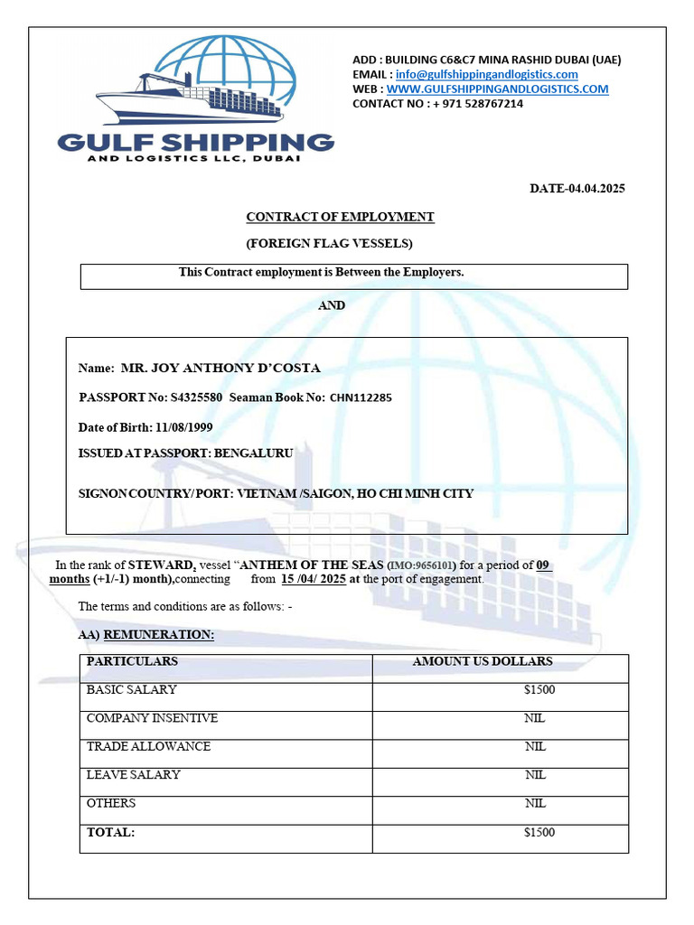 Joy Anthem of The Seas Contract | PDF | Employment | Sailor