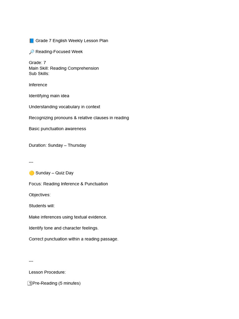 ? Grade 7 English Weekly Lesson Plan | PDF | Reading Comprehension ...