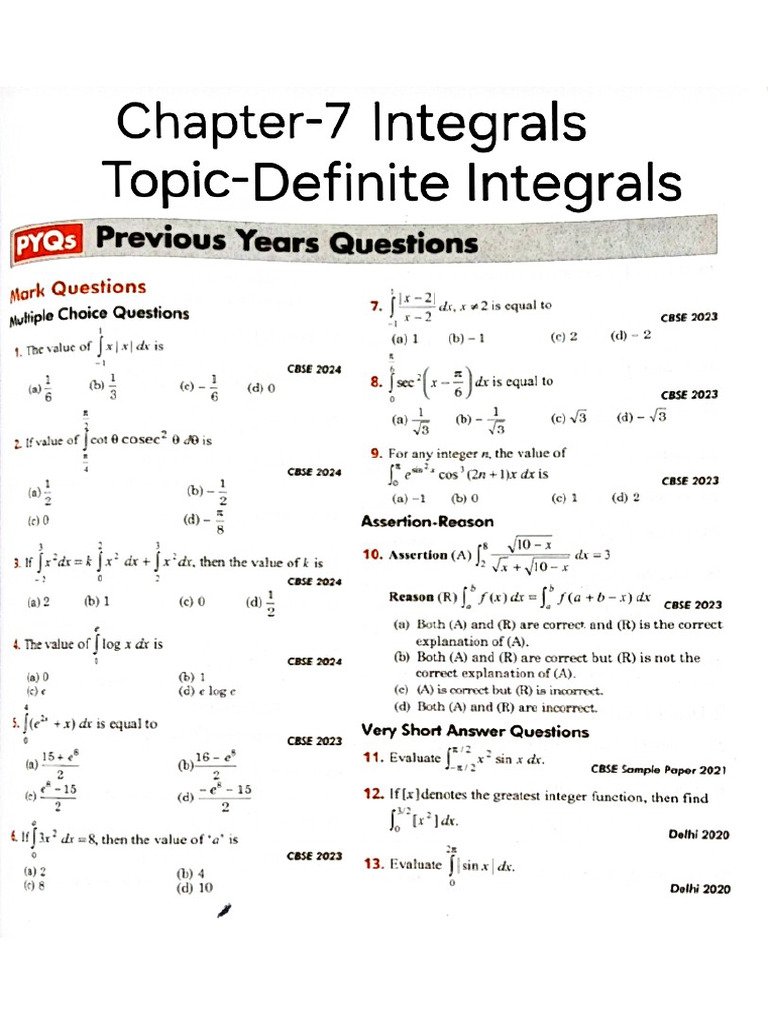 Chapter-7 - Integrals (PYQ) Definitely Integrals | PDF