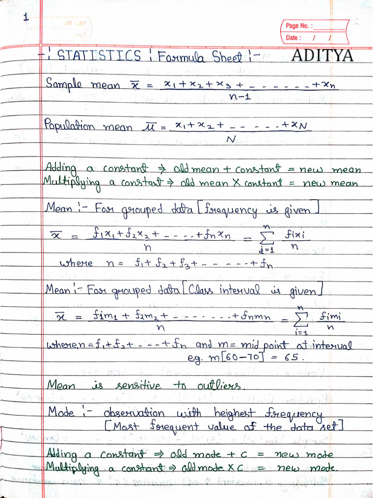 Statistics-1 Formula Sheet | PDF