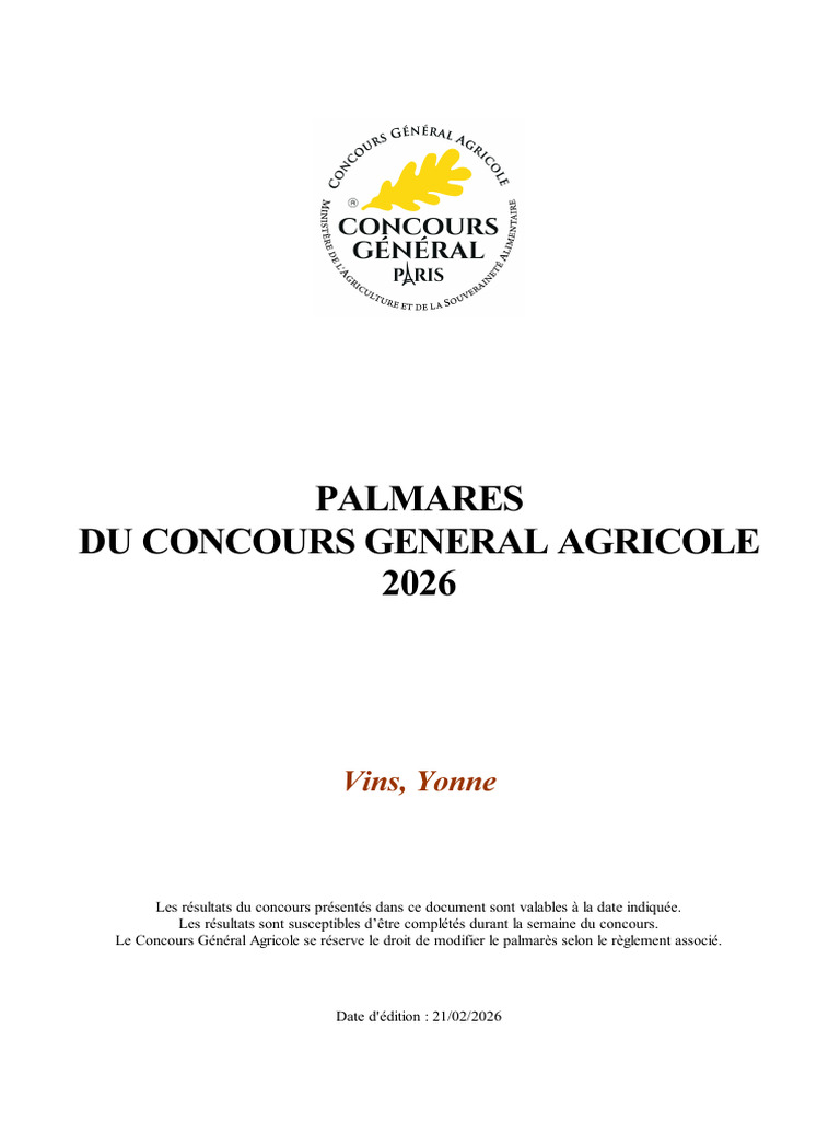Palmarès Des Vins de L'yonne - CGA 2026 | PDF | Vins | Boisson alcoolisée