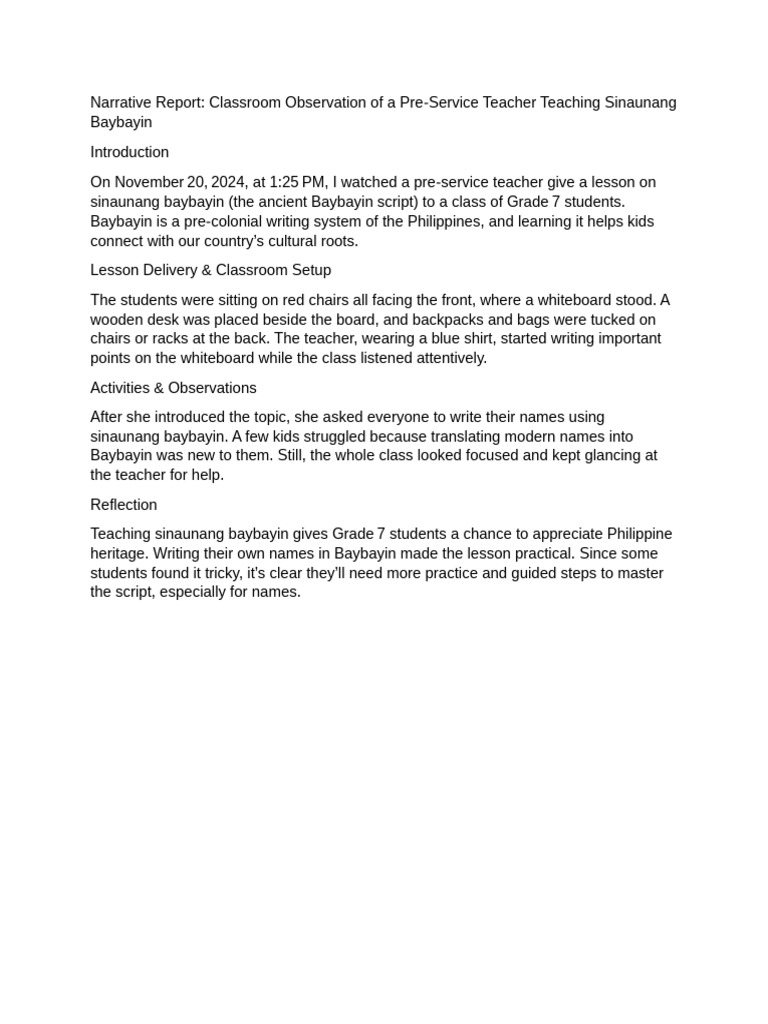 Narrative Report Classroom Observation | PDF