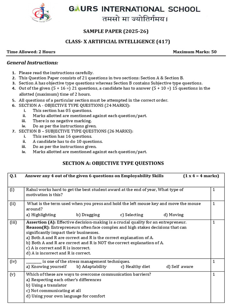 Class - X AI Practice Worksheet-IV (2025-26) | PDF | Machine Learning ...