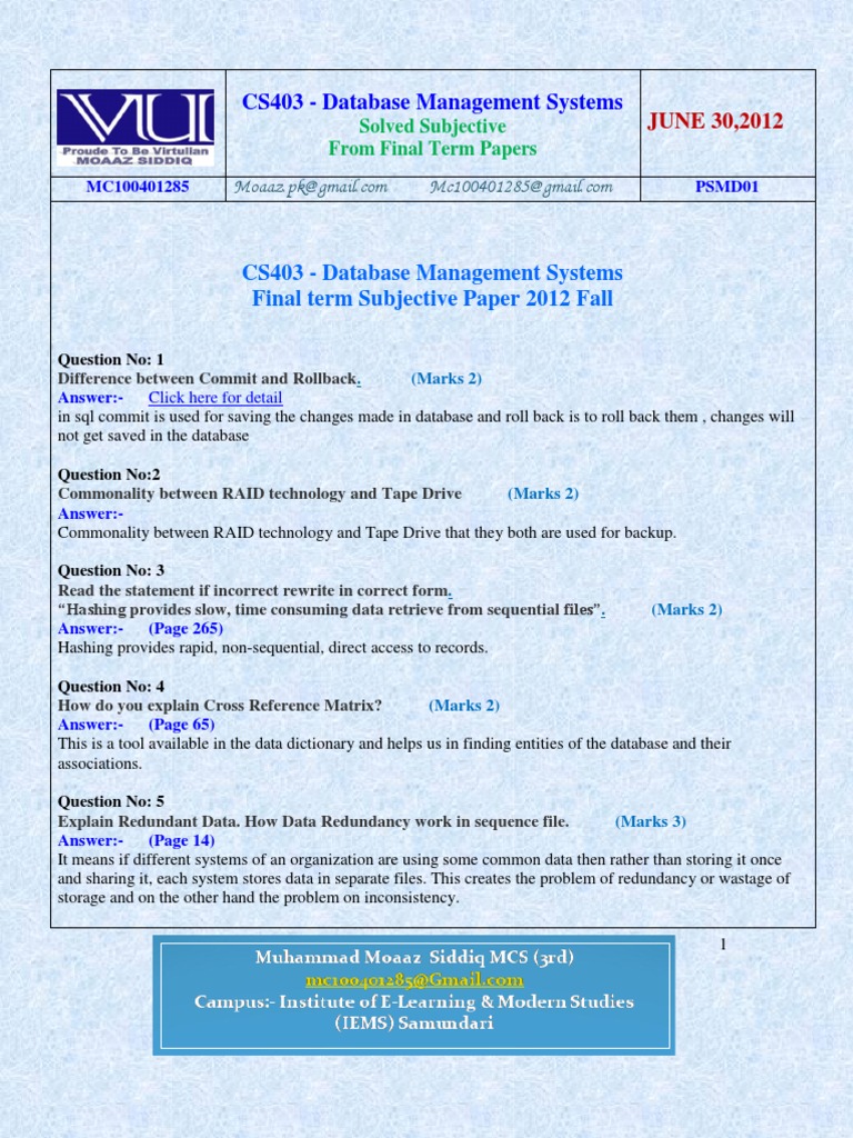 Cs403 Finalterm Subjective by Moaaz | PDF | Database Index | Databases