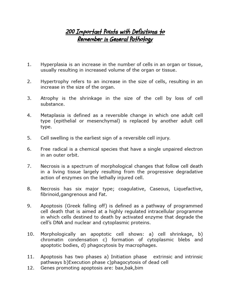 200 Important Points With Definitions To Remember in General Pathology ...