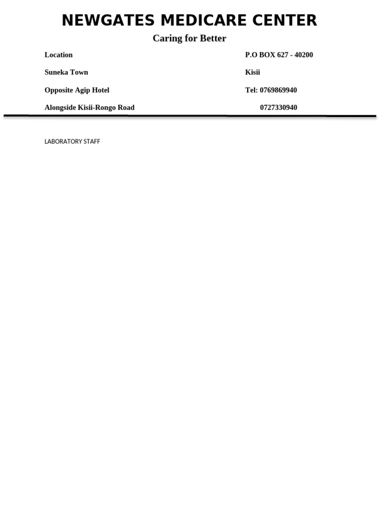 Newgates Medicare Center Laboratory Staff | PDF