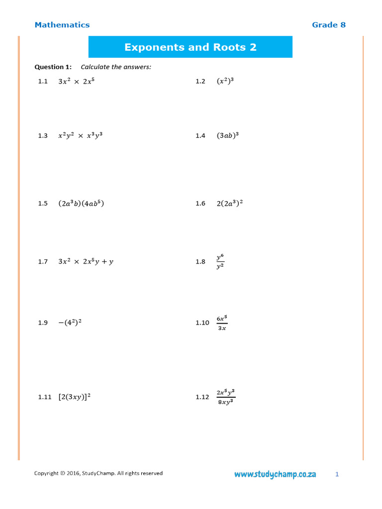 Gr8 Maths Ws Exponents Roots | PDF | Mathematics