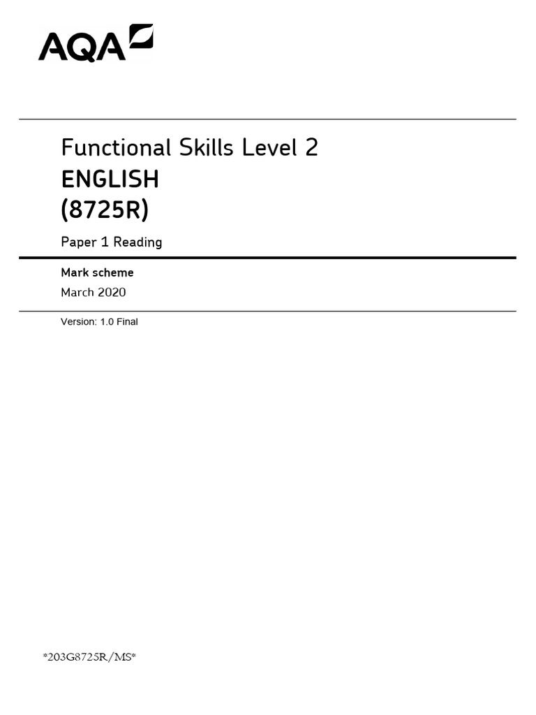 AQA Functional Skills English Level 2 March 2020 Reading MS | PDF ...