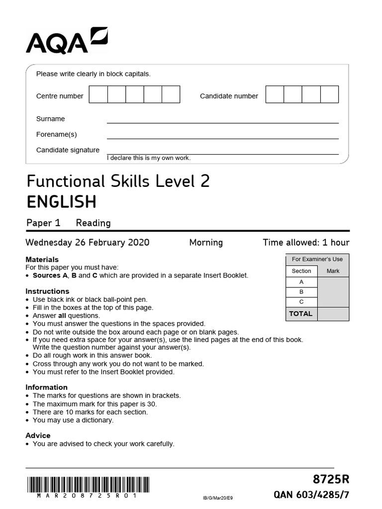 AQA Functional Skills English Level 2 March 2020 Reading | PDF