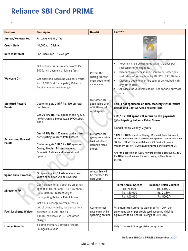 One Pager Reliance SBI Card Prime December 2025 | PDF | Credit Card | Fee