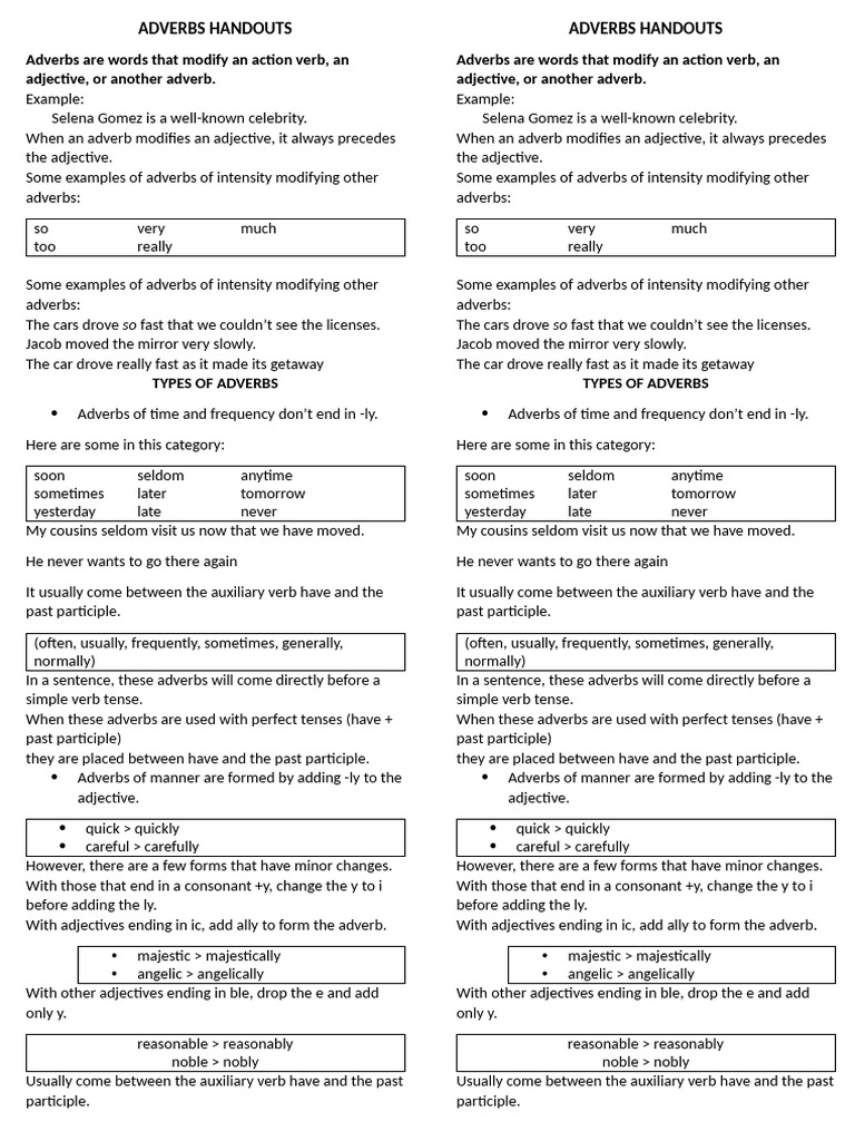 Handouts For Adverbs Grammar | PDF | Adverb | Verb