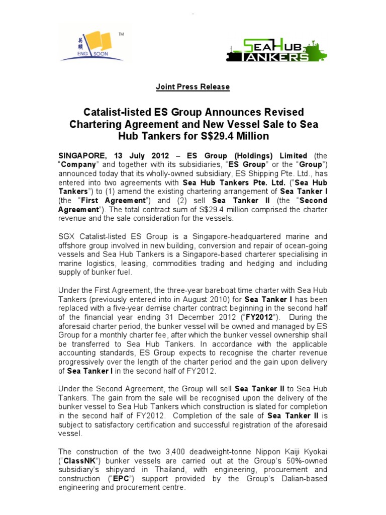 Catalist-Listed ES Group Announces Revised Chartering Agreement and New ...