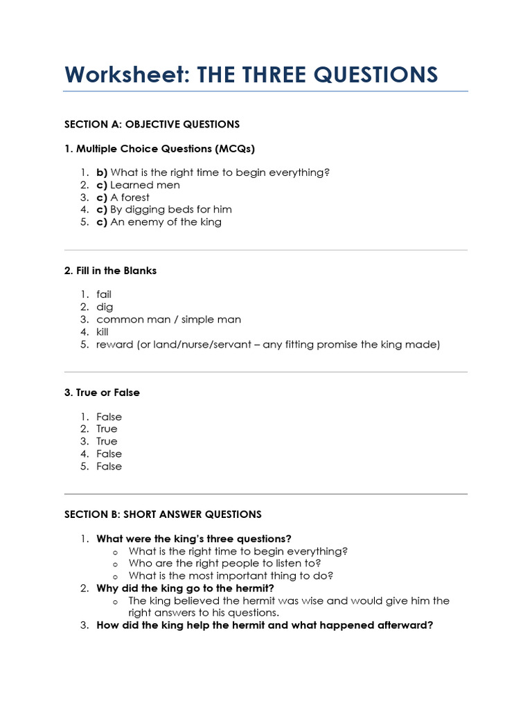 The Three Questions - Answer Key - Extra Worksheet | PDF | Wisdom ...