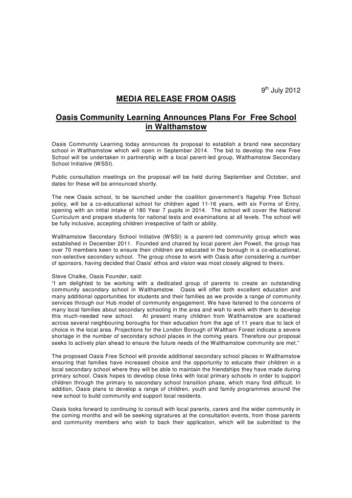 Media Release From Oasis Oasis Community Learning Announces Plans For ...
