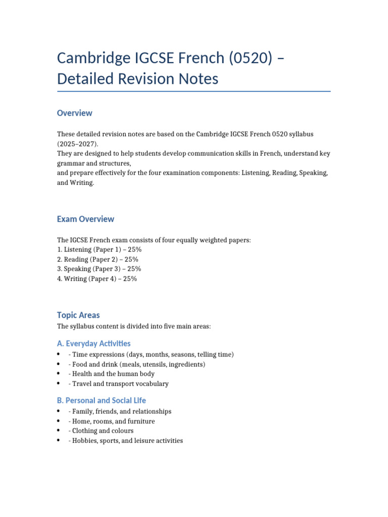 IGCSE French 0520 Detailed Revision Notes | PDF | Verb | Grammar