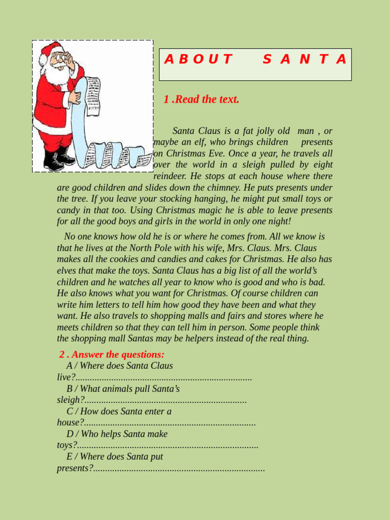 About Santa Reading Comprehension Exercises 63241 | PDF