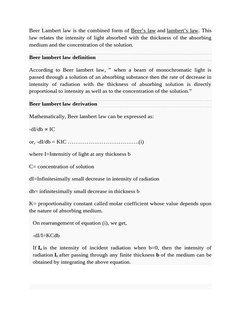 Beer Lambert Law Theory | PDF | Ultraviolet–Visible Spectroscopy ...