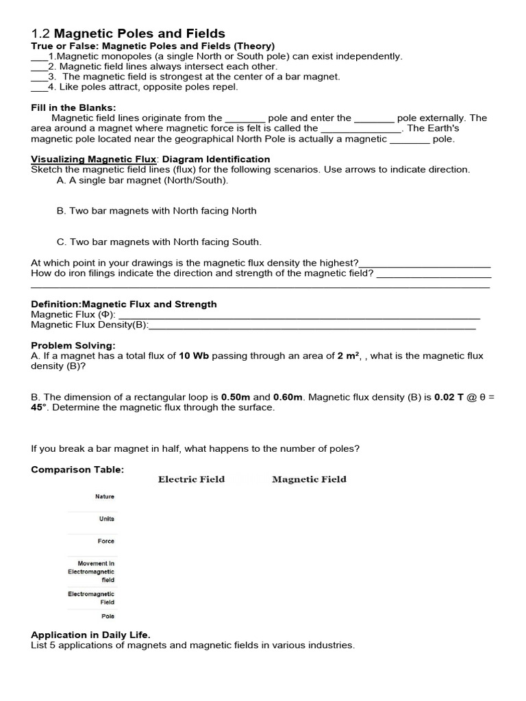 Worksheet For Magnetic Poles and Fields | PDF
