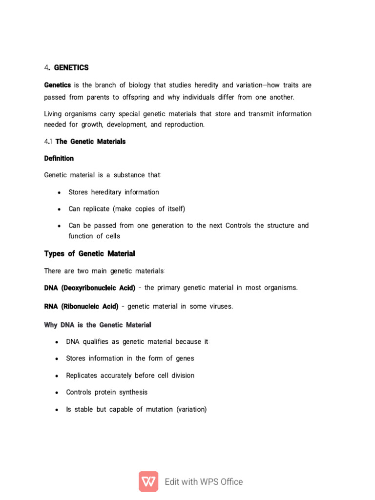 Grade11 Unit 4 Genetics | PDF | Rna | Dna