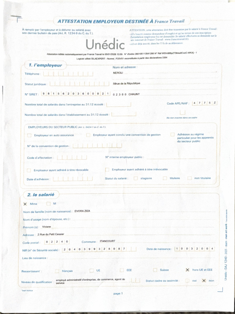 ATTESTATION EMPLOYEUR DESTINÉE À France Travail | PDF