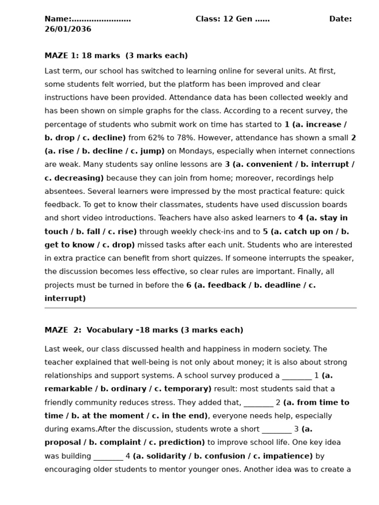 G12 Gen Test T2 - Grammar-Vocab & Writing | PDF | Happiness | Cognition