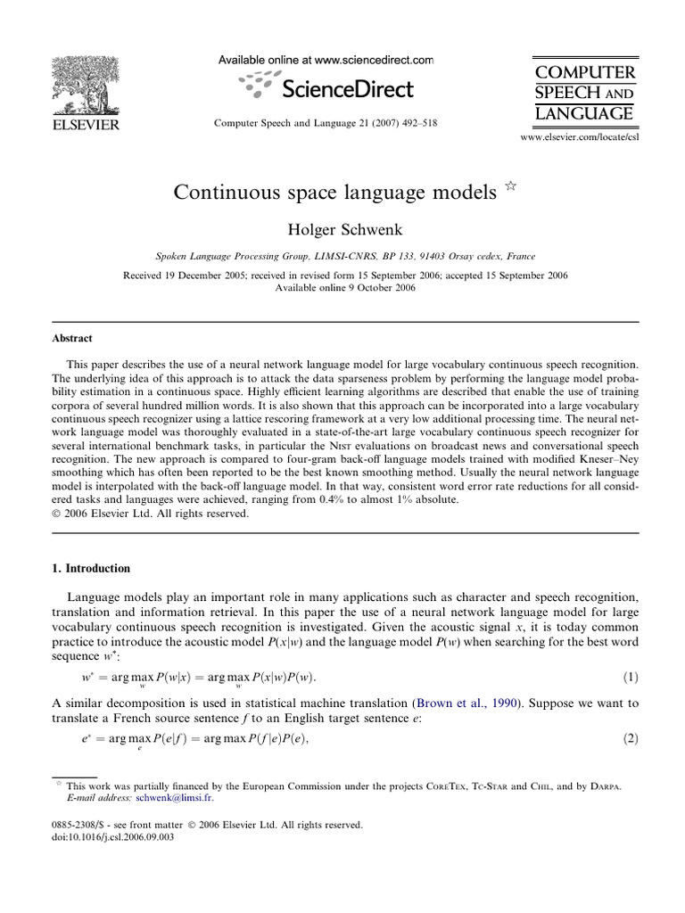 Continuous Space Language Models | PDF | Speech Recognition | Applied ...