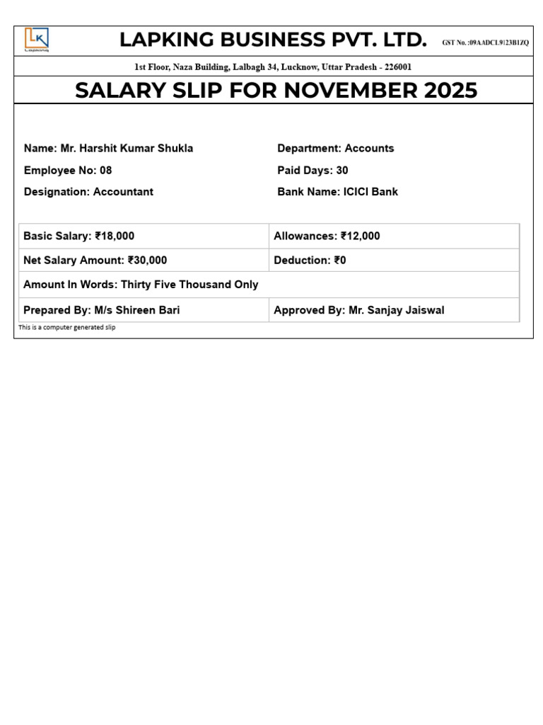 Harshit Kumar Shukla November Salary Slip | PDF