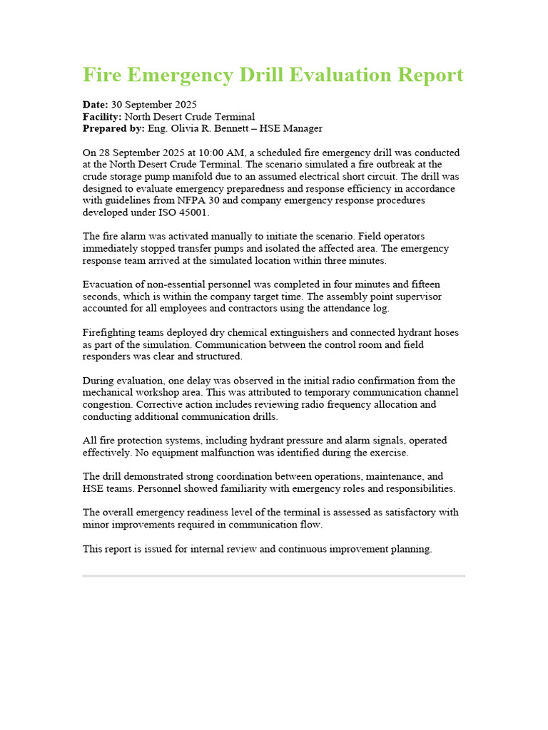 Fire Emergency Drill Evaluation Report | PDF
