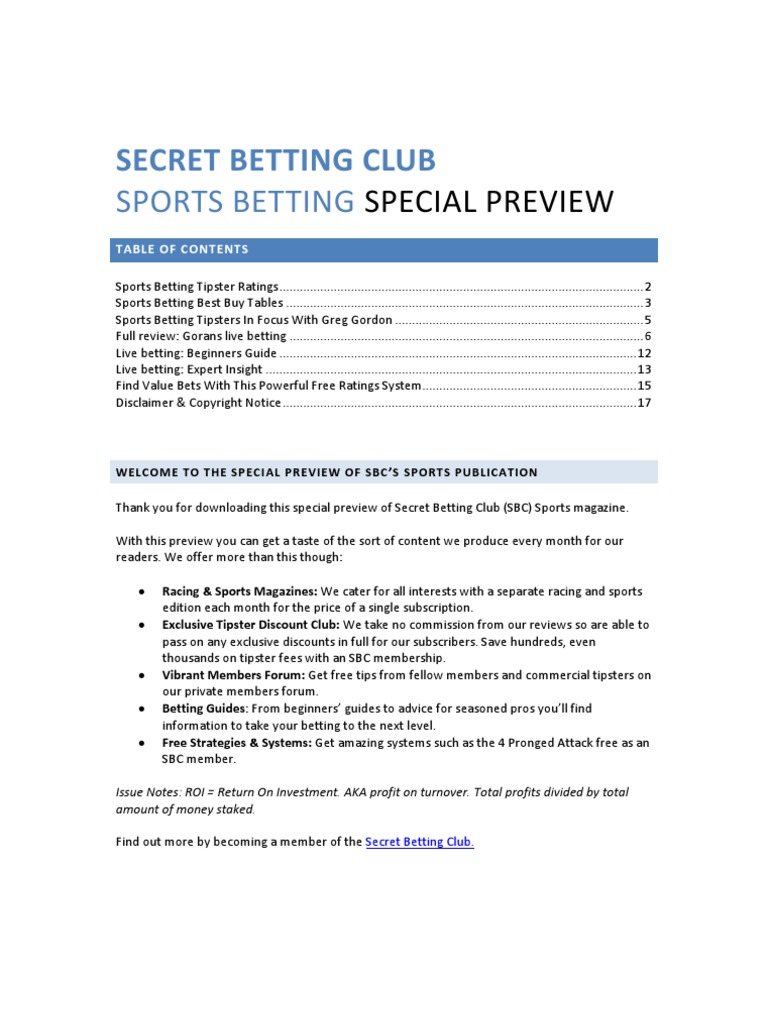 Secret Betting Club Sports Preview | PDF | Gambling | Return On Investment