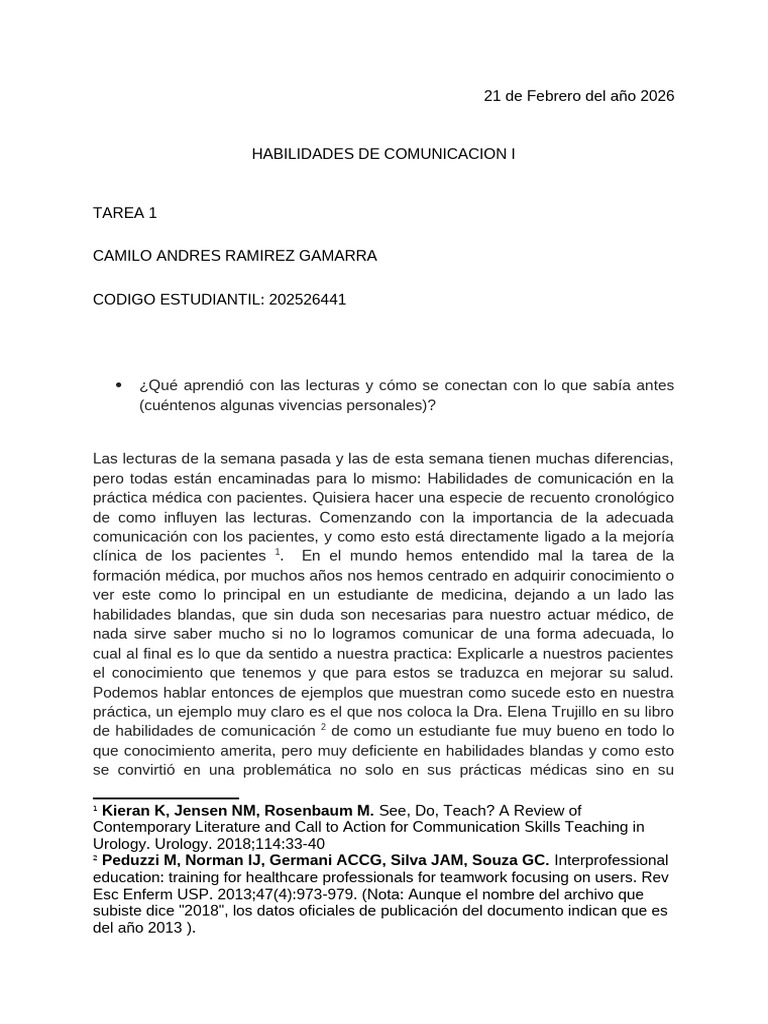 Tarea 2 - Camilo Ramirez Gamarra | PDF | Medicina | Cognición