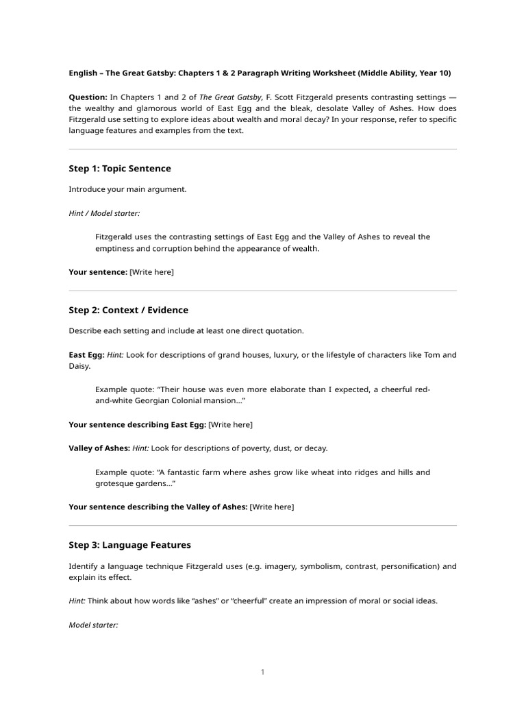 Gatsby Ch1 2 Paragraph Worksheet | PDF | The Great Gatsby