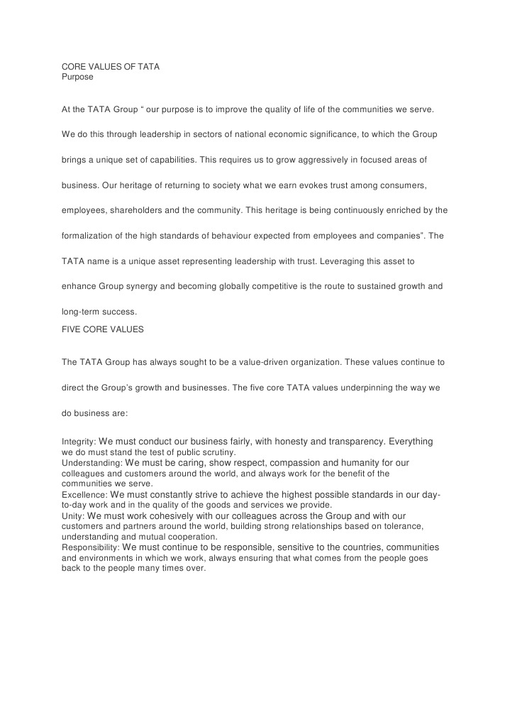 Core Values of Tata | PDF