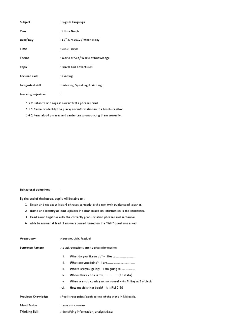 Lesson Plan English Year 5 | Download Free PDF | Question | English ...