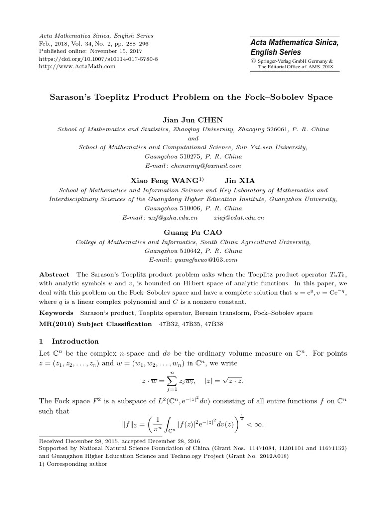 Sarason's Toeplitz Product Problem On The Fock-Sobolev Space | PDF ...