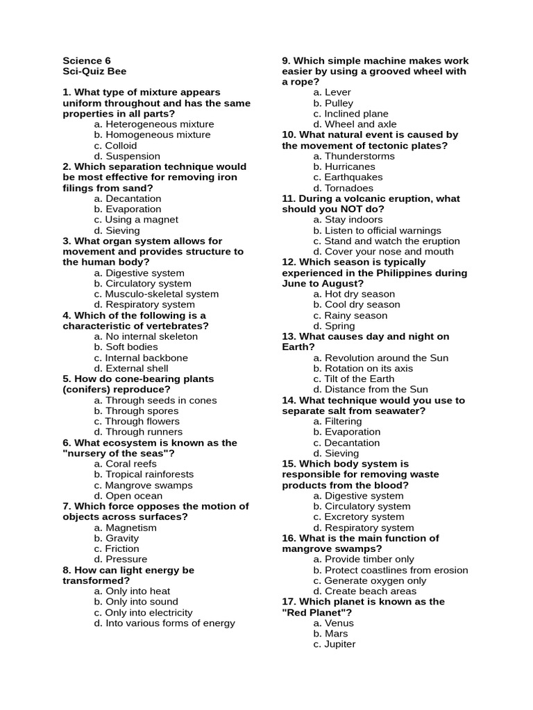 Science 6 Quiz Bee | PDF | Planets | Mixture
