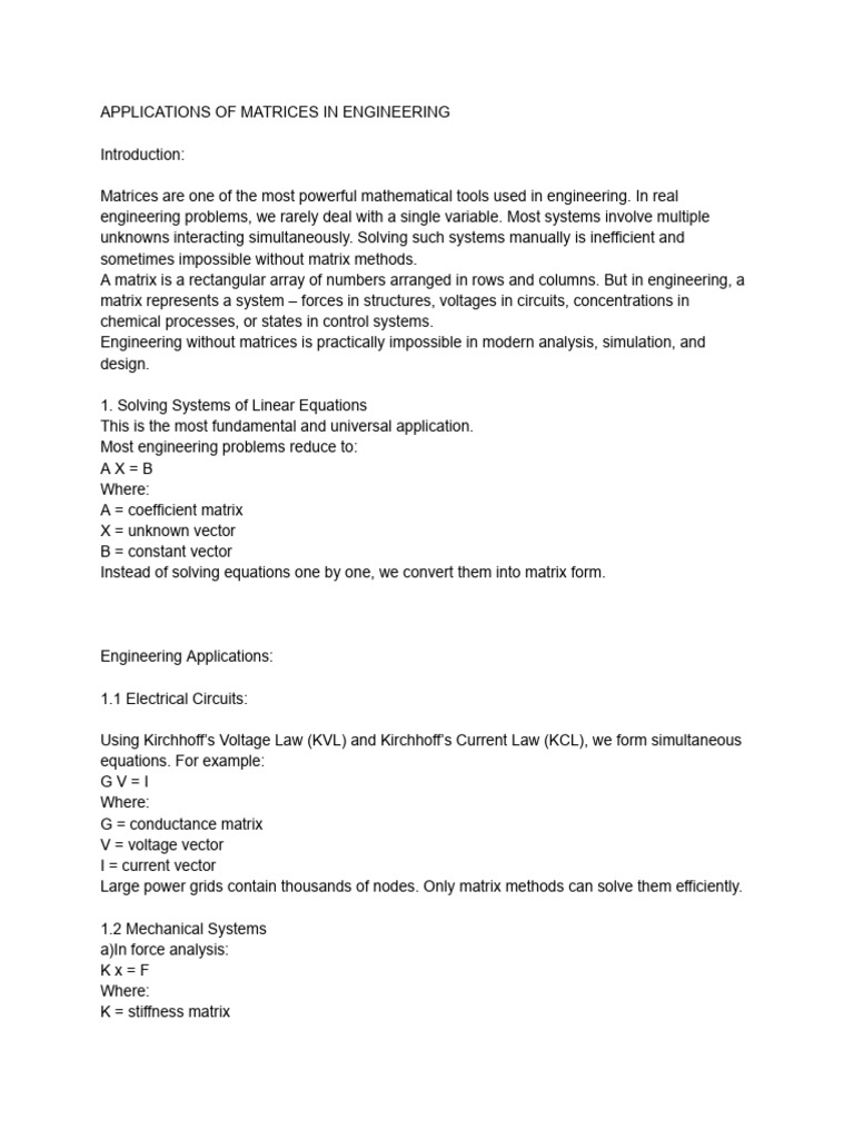 Applications of Matrices in Engineering | PDF | Matrix (Mathematics ...
