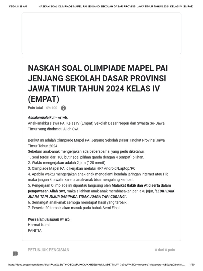 Naskah 4 Soal Olimpiade Mapel Pai Jenjang Sekolah Dasar Provinsi Jawa ...