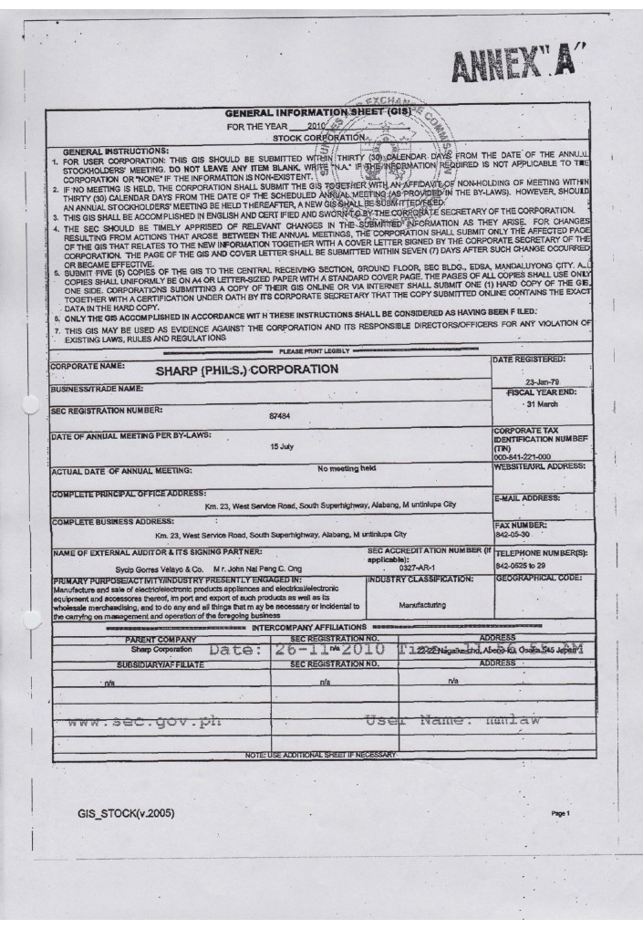 SEC General Information Sheet - Sharp Philippines Inc. | PDF