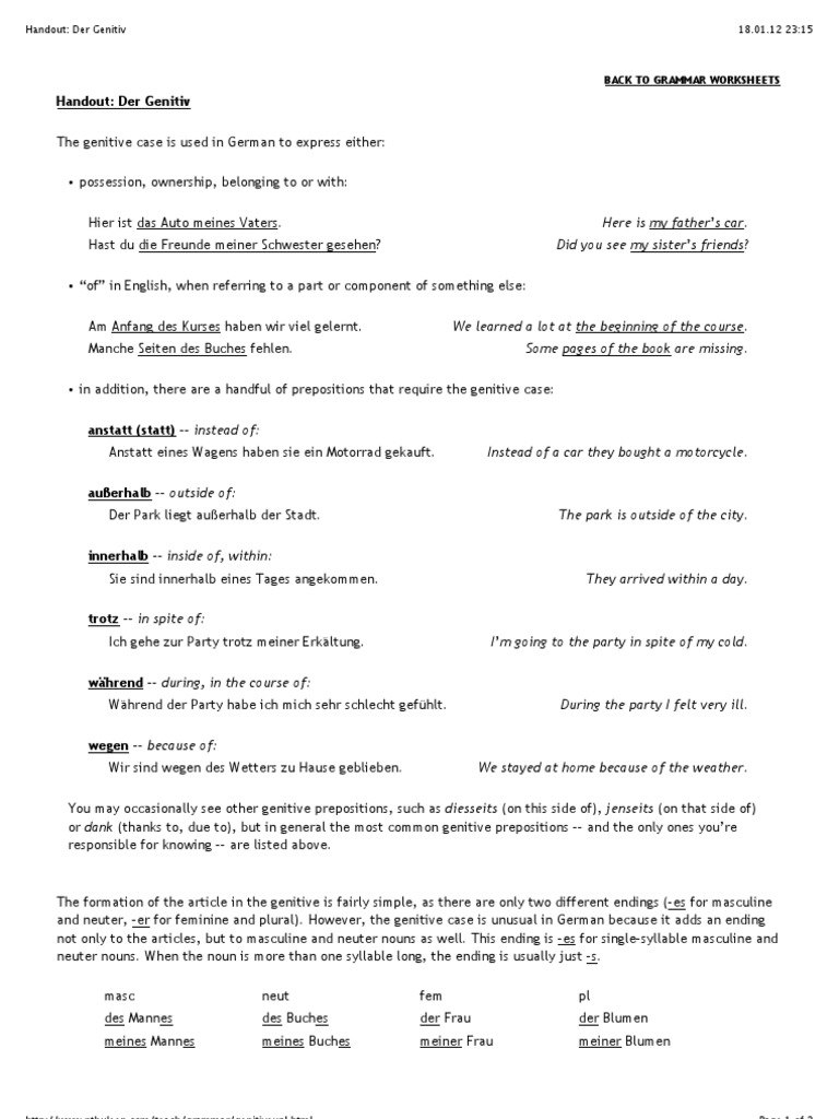 Handout - Der Genetiv | PDF | Grammatical Gender | Language Mechanics