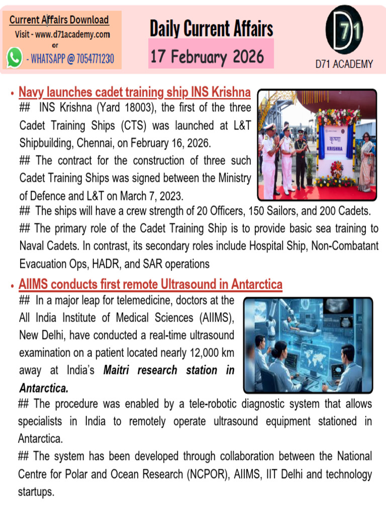 17 February 2026 Current Affairs - D71 Academy | PDF