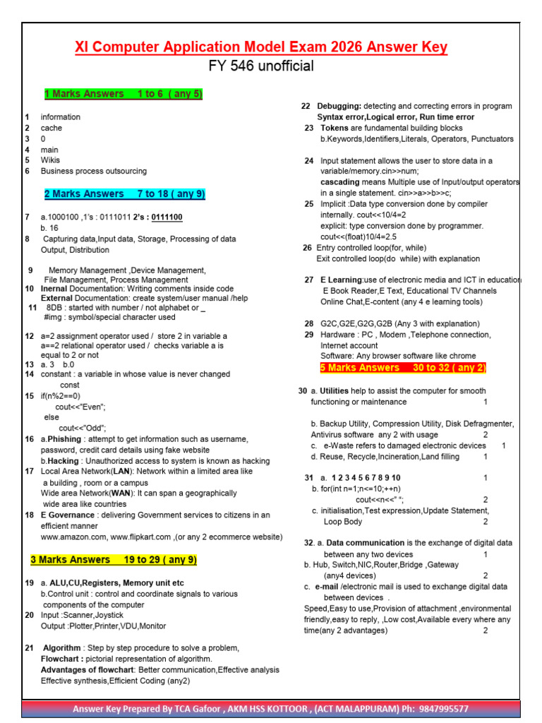 XI CA Model 2026 Answer Key | PDF | Computer Program | Programming