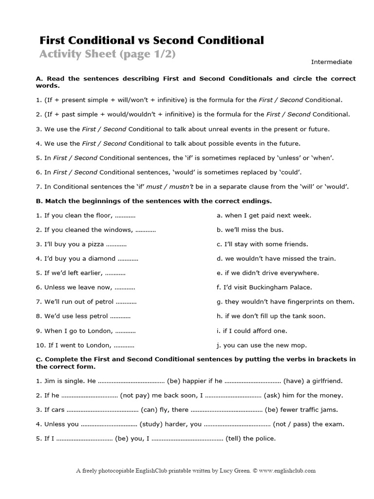 1st Vs 2nd Conditional Activity | PDF | Grammar | Syntax