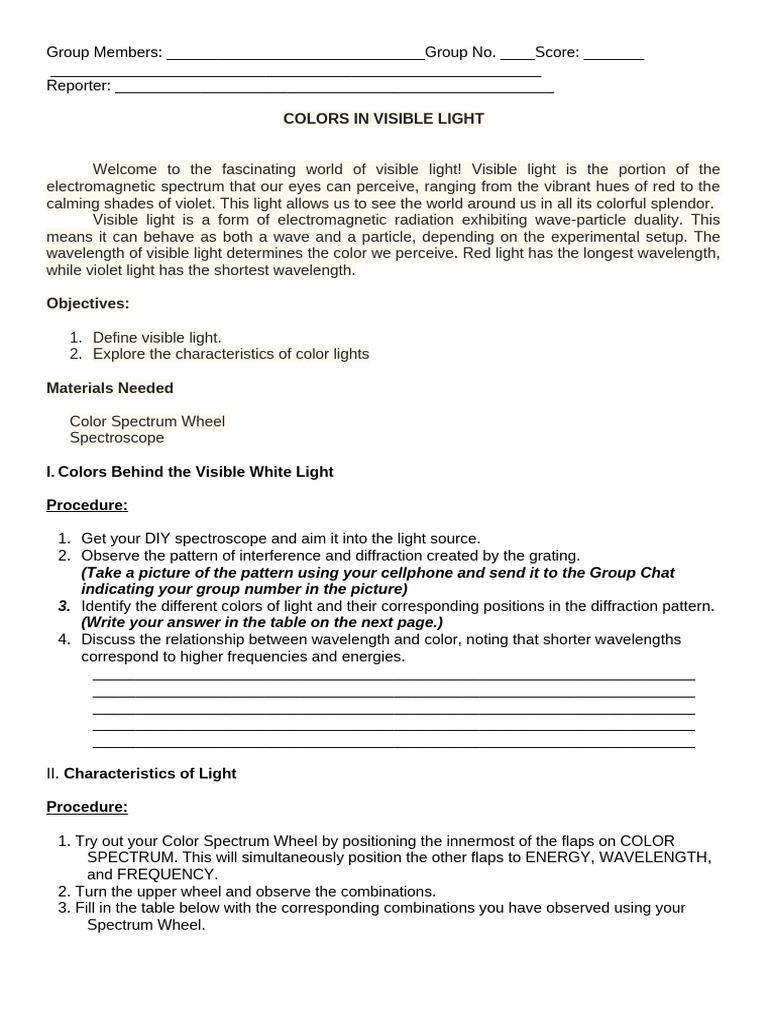 Visible Light Activity | PDF | Electromagnetic Spectrum | Light